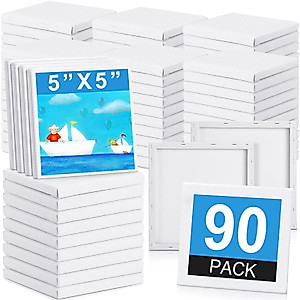 Ireer 90 Pcs Mini Stretched Canvas Bulk, 5 x 5 Inch White Canvases for Painting, 100% Cotton Small Blank Canvas Boards for Kids, Art Supplies Panels for Oil, Acrylic, Watercolor Paint