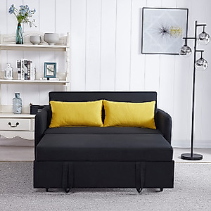 Myshle Convertible Sofa, 3-in-1 Sleeper Pull-Out Twin Size Beds, 55.5'' Loveseat Chaise Lounge with Adjustable Backres/Pillows/USB Charge Port, Comfy Futon Couch for Living Room Small Space Black