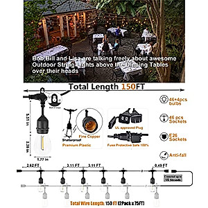 Achin Outdoor String Lights 150 Feet LED Waterproof Patio Lights with 50 Shatterproof Dimmable Warm Edison Bulbs String Lights for Outdoor Gazebo Bistro Wedding Birthday Party Lights, Connectable