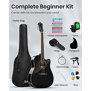 Moukey 41" Acoustic Guitar for Beginners Adult Teen Full Size Guitarra Acustica with Chord Poster, Gig Bag, Tuner,Steel Strings, Capo, Strap - Black
