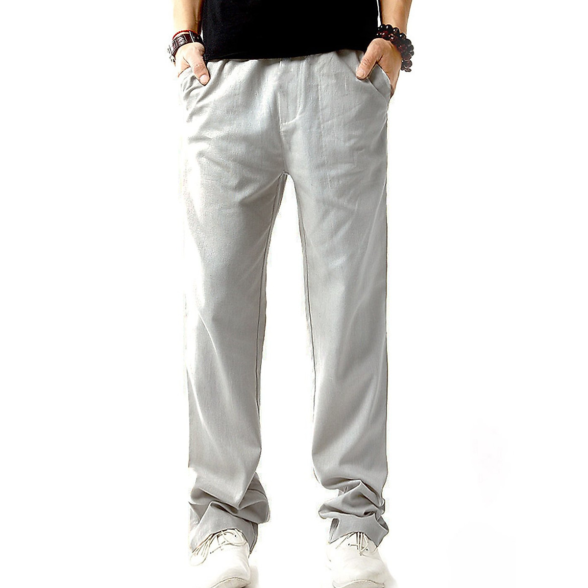 SIR7 Men's Linen Casual Lightweight Drawstrintg Elastic Waist Summer Beach Pants Light Grey 2L