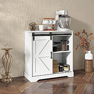 Panana Sliding Barn Door Buffet Sideboard Storage Cabinet Coffee Bar Kitchen Farmhouse Style (White Cabinet)