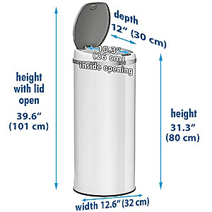 iTouchless Round Garbage Bin, Perfect for Home, Kitchen, Office 13 Gallon Touchless Sensor Trash Can with AbsorbX Odor Filter System, Steel White