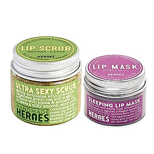 Save 20% - Handmade Heroes Plumping Bakuchiol Lip Mask and Green Tea Lip Scrub Bundle - Clean Sustainable Skincare Lip Exfoliator and Lip Treatment - Matcha Latte & Bakuchiol