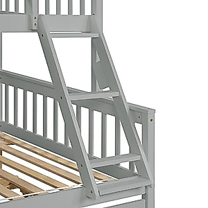 Zaboro Twin Over Full Bunk Bed with Trundle, Convertible into 2 Beds, Pine Wood 3 in 1 Bunk Bed Frame with Ladder and Safety Guardrails for Children, Teens, Adults, No Box Spring Needed, Gray