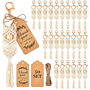 Huquary 50 Set Boho Macrame Keychain Bulk with Tassel and Kraft Thank You Tags Boho Party Favors for Key Purse Wallet (Bead Style)