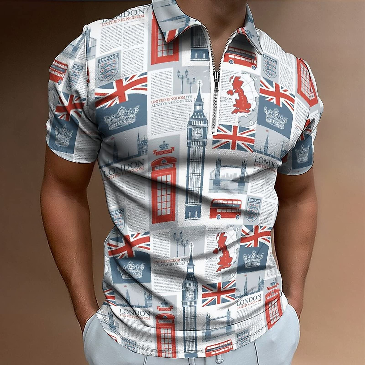 Theme of UK and London British Flag Men's Polo-Shirts Short Sleeve Golf Shirt Slim Fit Casual Zip T-Shirts Tops M