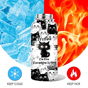 WWHSAI Cat Lover Gifts, Everything Is Fine I'm Fine Black Cats Water Bottle Travel Tumbler 32Oz, Christmas Birthday Gift for Cats Lovers Women Cup Cute Cat Themed Stuff Funny Coffee Mugs