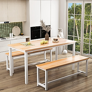 Recaceik 3-Piece Dining Table Set for 4, 43'' Dining Room Table Set with 2 Benches, Space-Saving Dinette Table with Metal Frame & MDF Board, Breakfast Table for Kitchen, Dining Room, Walnut