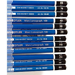 Wooden Lead Pencil By Staedtler Mars Lumograph - Pack of 12 Degrees in Practical Plastic Storage Box with Staedtler Tub Sharpener and Rasoplast Eraser