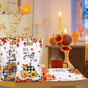 Qilery 100 Pcs Thanksgiving Party Plastic Favor Bags Fall Party Treat Bags Autumn Party Candy Bags Maple Leaves Pumpkin Goody Bags with Handles for Thanksgiving Day Autumn Harvest Fall Party Supplies