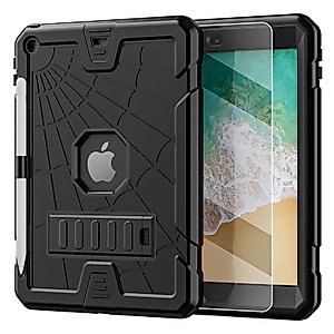 TSQQST iPad 5th 6th Generation Case 9.7" for Kids with Glass Screen Protector | iPad 9.7 Case with Pencil Holder+Stand | Silicone Drop Proof Case for iPad 5th 6th Gen 2017 2018 | Black