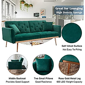 SLEERWAY Velvet Futon Sofa Bed with 5 Golden Metal Legs, Sleeper Sofa Couch with Two Pillows, Convertible Loveseat for Living Room and Bedroom, Green