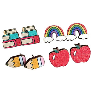 3 Pairs Teacher Dangle Earrings Set Colorful Leopard Pencil Ruler Shape Resin Acrylic Earrings for Women Jewelry (D)