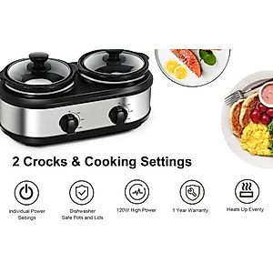 Dual Slow Cooker, Buffet Servers and Warmers with 2 X 1.25Qt, Tempered glass lids and Lid Rests, 3 Adjustable Temp, Stainless Steel
