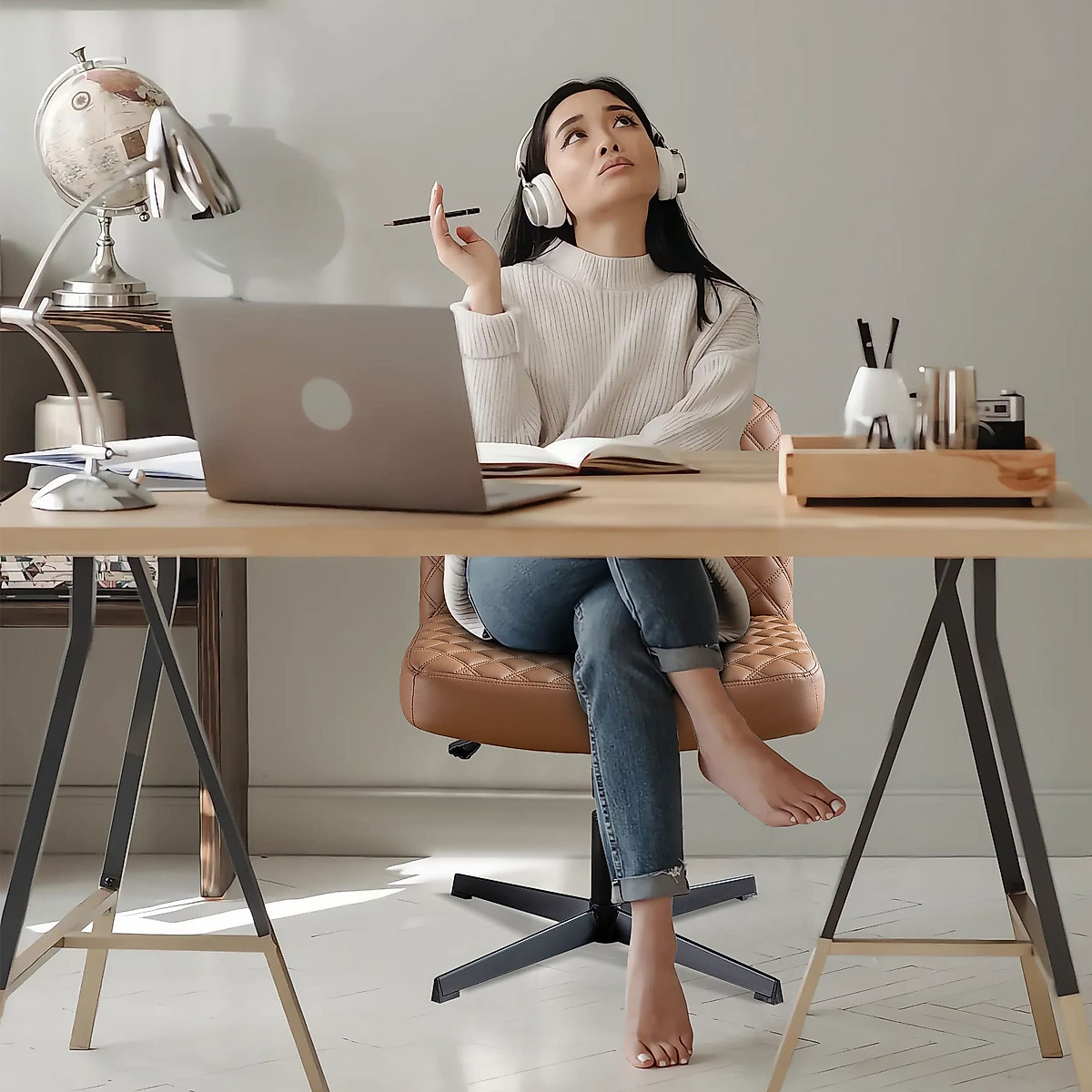 Criss Cross Office Desk Chair,Armless Fabric Modern Home Office Chair with Wheels, 120° Rocking Wide Seat Chair Computer Task Chair,Thicken Padded Swivel Vanity Chair for Women