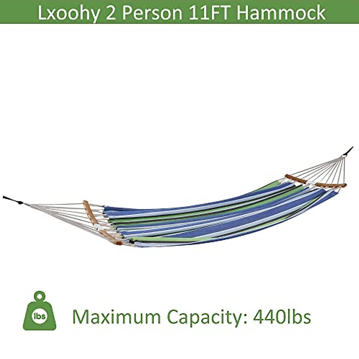 Lxoohy Portable Patio Double Hammock with Travel Bag, 2 Person Outdoor Hammock with Foldable and Curved Spreader Bar, D Rings and Tree Straps for Camping, Picnic, Backyard, Green Blue