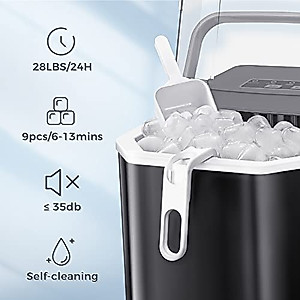 Antarctic Star Countertop Ice Maker, S/L Bullet Ice, 26lbs/Day, 9 Ice Cubes in 6 Mins, Portable Ice Machine with Ice Scoop and Handle, Self-Cleaning, One-Click Operation, for Kitchen Office Home Black