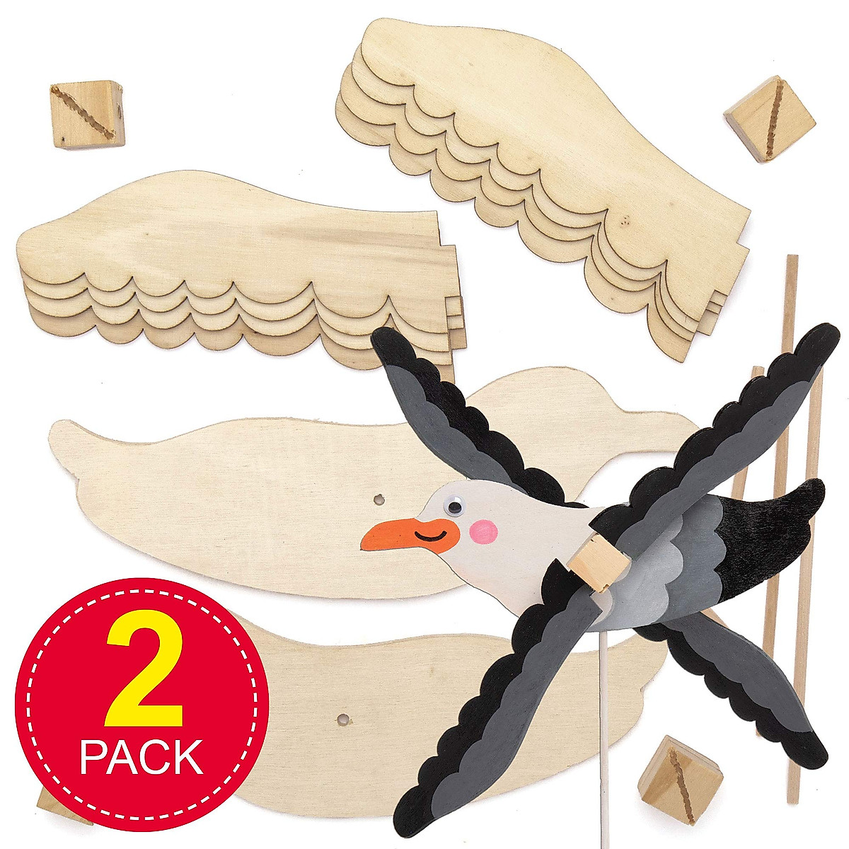 Baker Ross AT839 Seagull Wooden Windmill Kits - Pack of 2, for Kids Arts and Crafts Projects