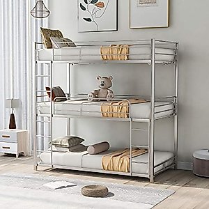 P PURLOVE Metal Triple Bunk Bed for Kids Teens,Twin Over Twin Bunk Bed with Ladder and Safety Guardrail, 3 Bunk Bed for Living Room, Slat Included, No Box Spring Need