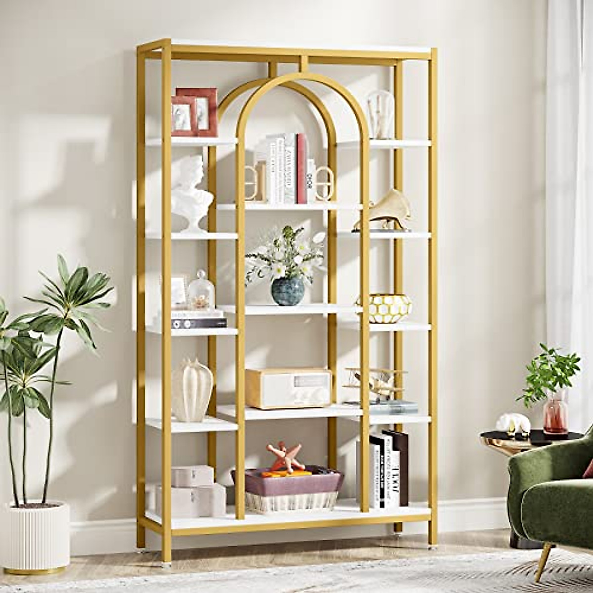 Tribesigns 5-Tier Bookshelf, Modern Tall Bookcase Book Shelf Organizer Freestanding Open Display Shelves for Bedroom Living Room Home Office, 70.8" H x 39.4" L, White/Gold