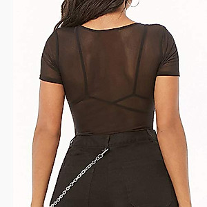 Allchic Womens Short Sleeve Sheer Mesh Tops Sexy See Through Tee Blouse Clubwears (V Neck Black II, Medium)
