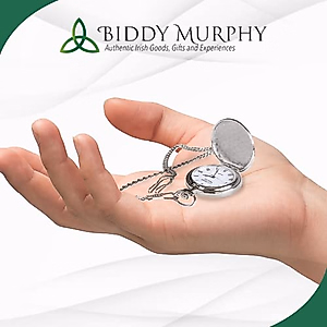 Biddy Murphy Shamrock Pocket Watch Made in Ireland Shamrock Pewter Medallion Stainless Steel Case with Chain Exclusive Made by Mullingar Pewter on Co. Westmeath, Ireland