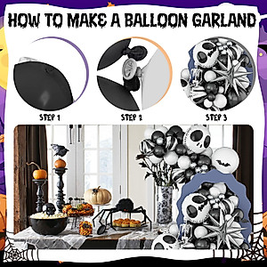 Halloween Balloon Arch Kit, Black White Halloween Decorations Balloons Garland Kit with Silver Explosion Star Skull Cone Foil Balloons 3D Bat Sticker for Halloween Party Haunted House Birthday Decor