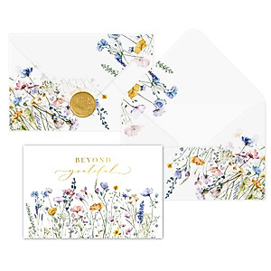 Gooji 4x6 Meadow Bloom Beyond Grateful Thank You Cards, Bridal Shower, Wedding, Baby Shower, Birthday, Small Business (Bulk 20 Pack) Vellum Envelopes