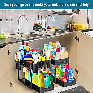 Under Sink Organizers and Storage, Pull Out Undersink Organizers Basket, 2 Tier Bathroom Cabinet Storage with Towel Rack Hooks, Hanging Cup, Multi-purpose Storage Shelf for Kitchen Toilet