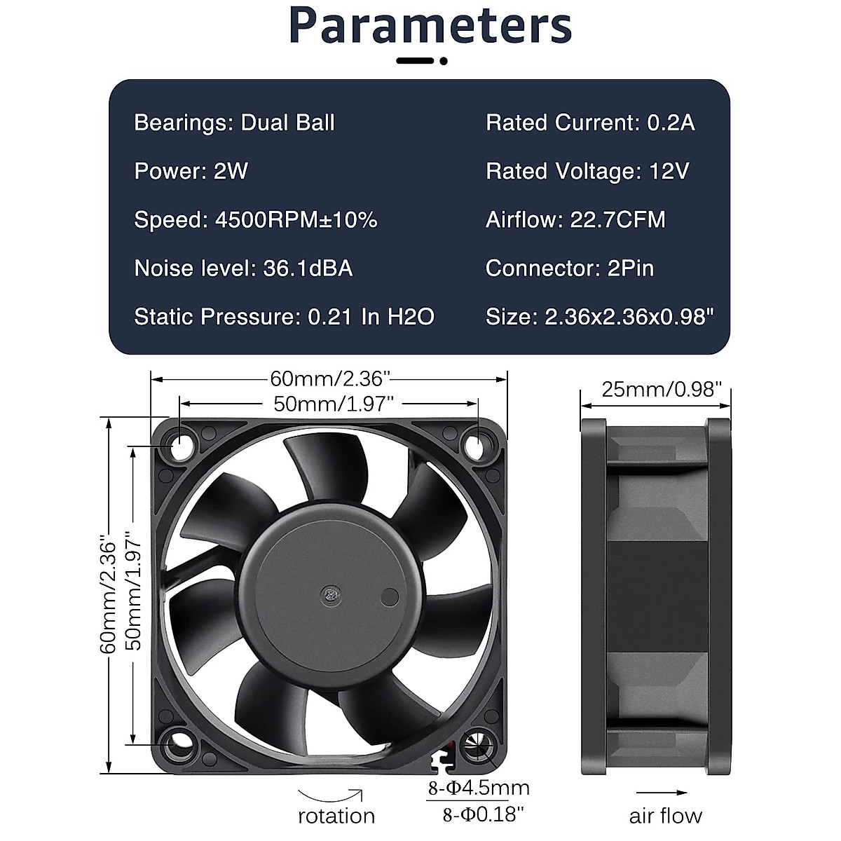 GDSTIME 2 Pack 60mm x 60mm x 25mm 12V Dual Ball Bearings DC Brushless Cooling Fan