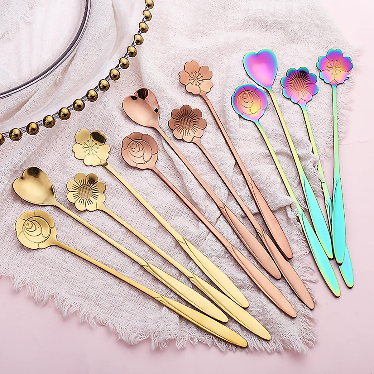 Diaertiny 12Pcs Flower Spoon Long Handle Coffee Dessert Stirring Ice Teaspoons Gold, Rose Gold, Rainbow Cocktail Stainless Steel Spoons for Bar Home Office Party