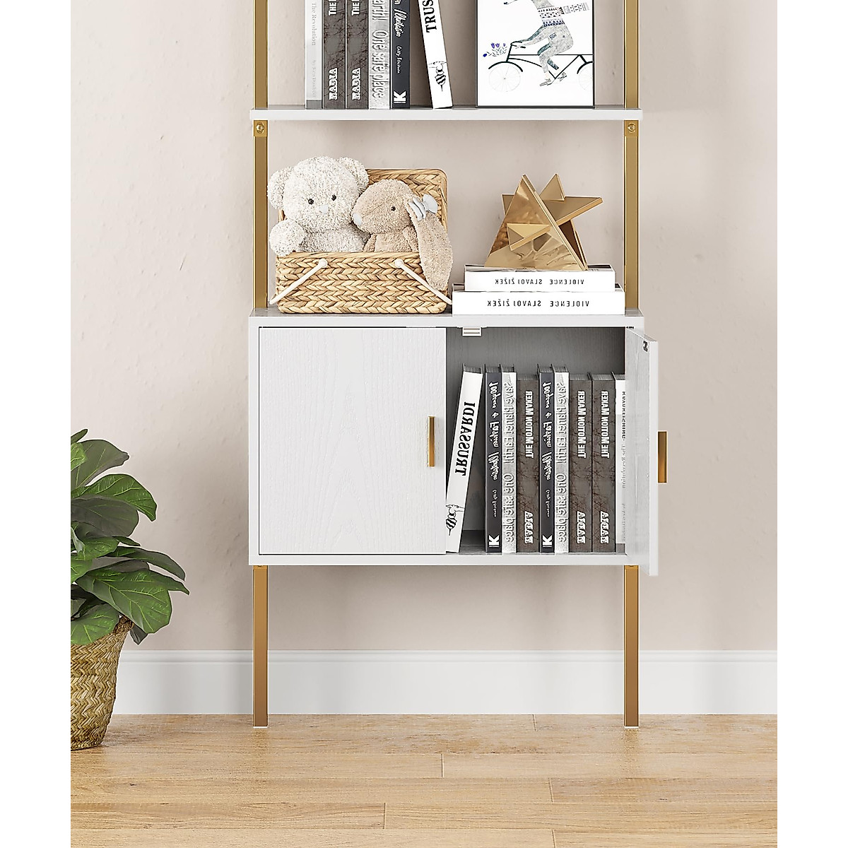 Gadroad 73" Tall Bookshef with Cabinet, Wall Mounted Industrial Ladder Bookcase with Wood and Metal Frame, 5 Tier Plant Shelf Display Storage Shelves for Living Room Bedroom, White Gold