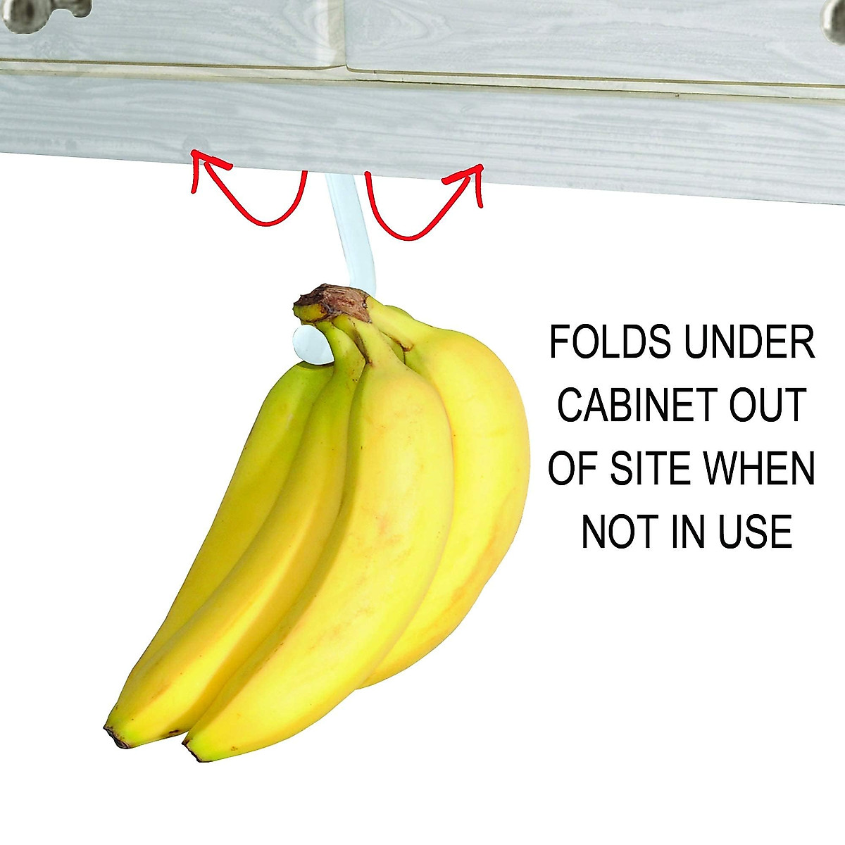 Gadjit Banana Hook/Hanger (White) - Under Cabinet Hook to Hang a Bunch of Bananas. Folds Up Out of Sight When Not in Use. Mounting Adhesive Included. Hanging Bananas Prevents Bruising
