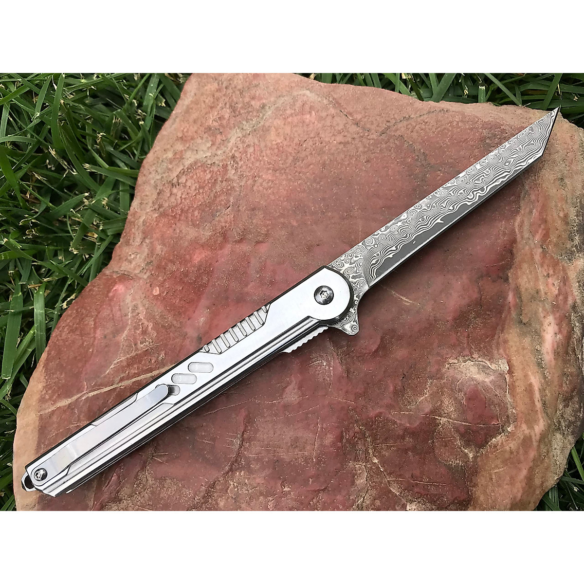 TACTICAL GEARZ Damascus Pocket Knife for EDC! Stainless Steel Handle! 67 Multi Layered Damascus Steel Tanto Blade! Includes Sheath! (Kraz XT)