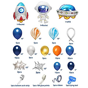 Ouddy Party 112PCS Outer Space Party Decorations Balloon Garland Kit, Space Birthday Party Supplies UFO Rocket Astronaut Navy Blue Silver Foil Latex Balloons for Boys Kids