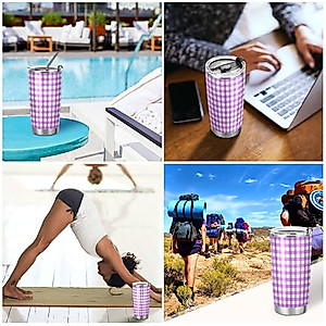 Purple and White Checkered Stainless Steel vacuum insulated water bottle with Lid and Straw coffee travel mug 20oz for Water, Iced Tea or Coffee leakproof tumblers with lids botellas para agua