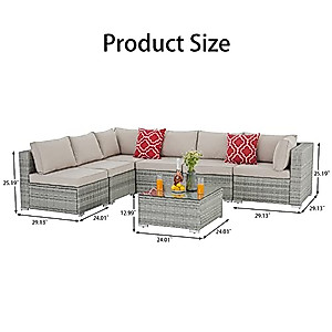 SoarFlash 7 Pieces Outdoor Patio Furniture Set, All-Weather Rattan Sectional Sofa Wicker Conversation Set with Cushion, Coffee Table for Garden, Backyard,Poolside(Beige)