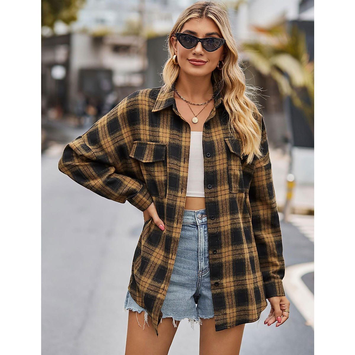 Zontroldy Womens Flannel Plaid Shirts Oversized Lightweight Buffalo Plaid Button Down Shirt Blouse Tops (0355-02Brown-S)