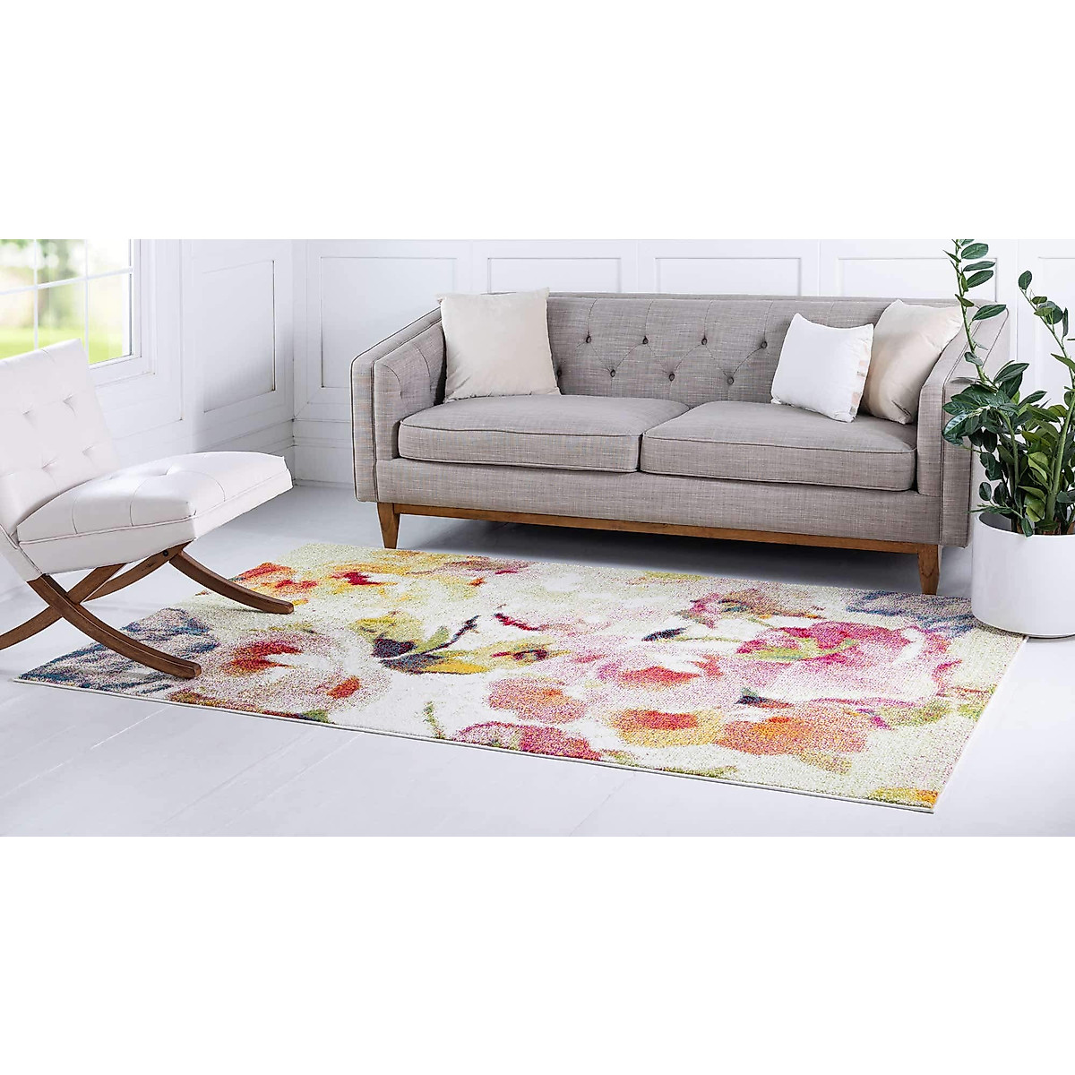 Unique Loom Lyon Collection Modern Watercolor Floral Area Rug, 9 x 12 ft, Ivory/Pink
