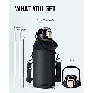 40 oz Water Bottle insulated, Cooplus Stainless Steel Water Flask with 2 Covered Auto Straw Lids, Metal Leakproof Bottle with Handle, Keep Cold 48h Hot 24h for Outdoor or Sports,Green