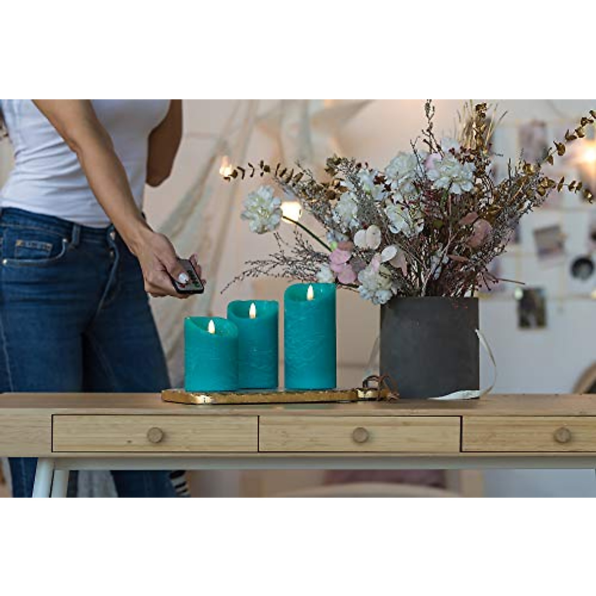 Set of 3 Realistic Flameless Turquoise LED Candles with Remote Control - 4'' 5'' 6'' Electric Wickless Pillar Battery Operated Candles with Flickering Flame Timer