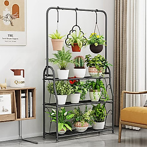 SORCEDAS Plant Stand 3 Tier Indoor Outdoor Tall Corner Hanging Plant Shelf Metal Flower Stands Ladder Plant Holder for Room Balcony Garden Patio Multiple Plants, Dark Grey
