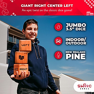 SWOOC Games - Giant Right Center Left Dice Game (All Weather) with 24 Large Chips & Carry Bag - Jumbo Wooden Lawn Game - Big Backyard Game for Family - Indoor/Outdoor - Left Right Center Dice Game