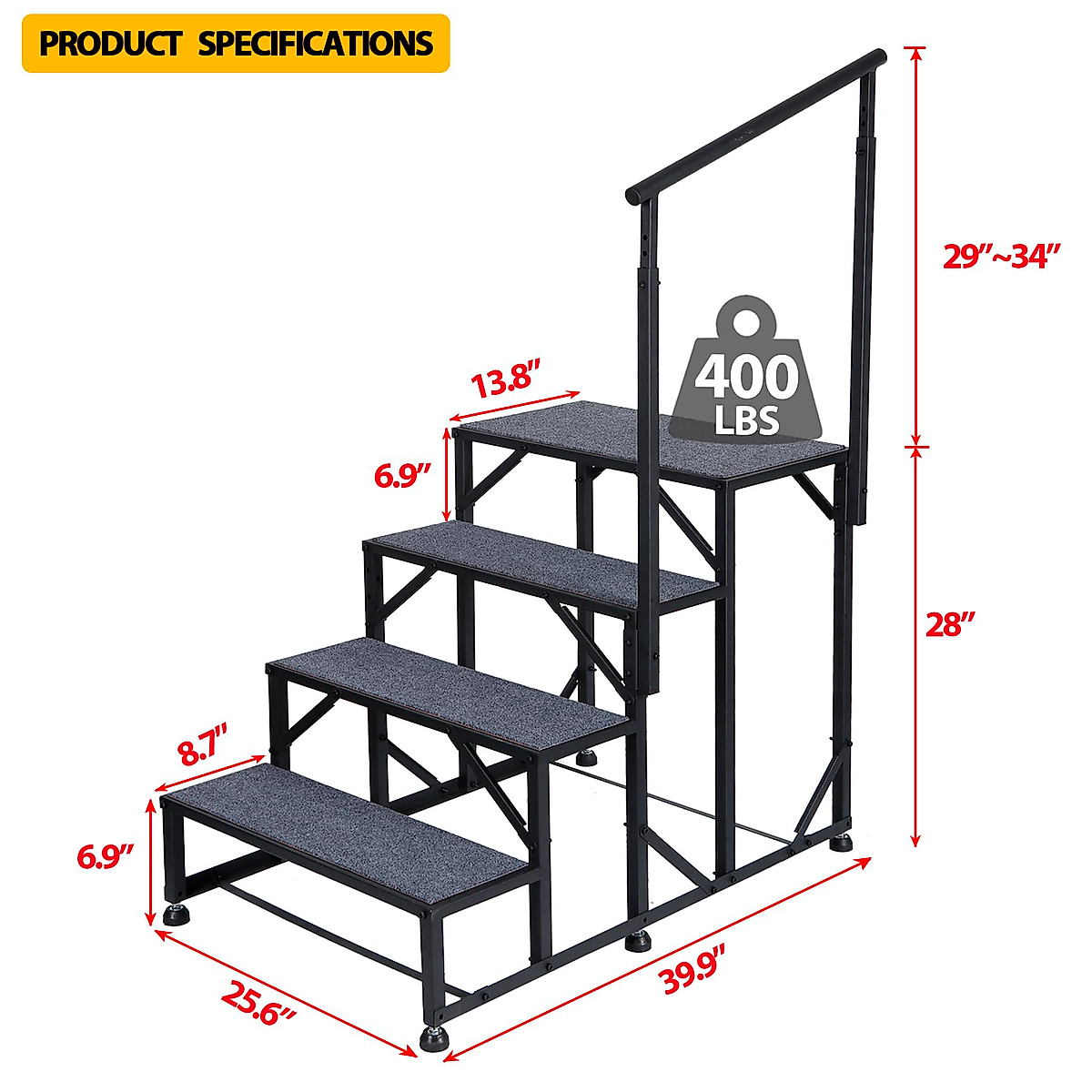 Toriexon RV Stairs Handrails Ladder w/Step Cover, 4 Step 5th Wheel Stair Hot Tub Steps with Handrail, Economy Universal Mobile Home Steps with Handrail and Platform for Outdoor