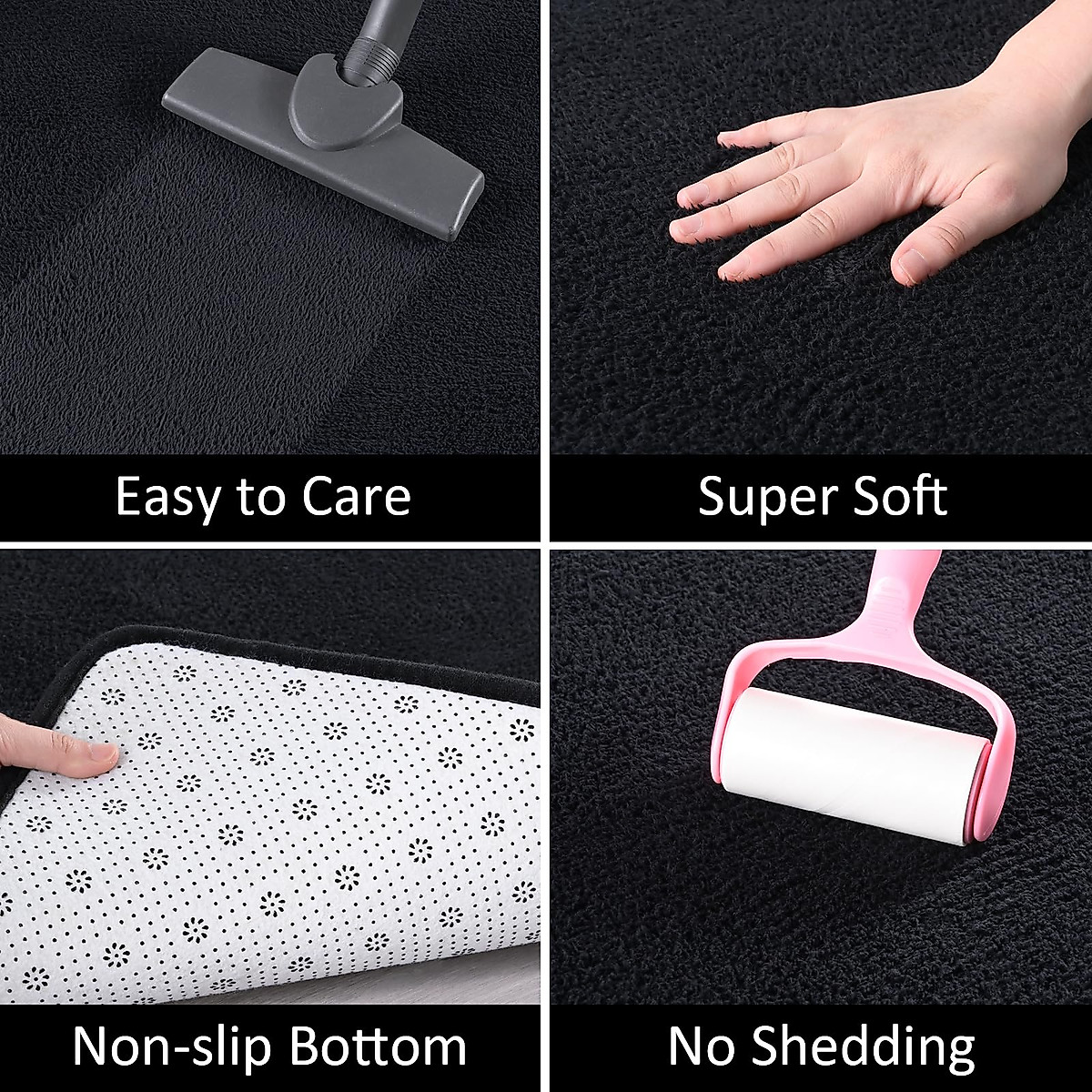 AROGAN Modern Shag Area Rug for Bedroom, 4x6 Feet Washable Rugs for Living Room, Indoor Floor Carpet Rugs, Plush Memory Foam Bedside Rugs for Kids Girls Teens Room Low Pile Rug Decor, Black