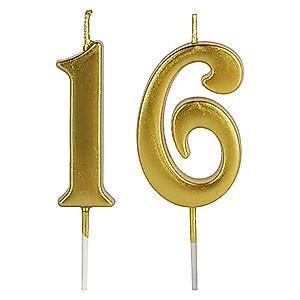 Gold 16th Birthday Candles for Cake, Number 16 1 6 Glitter Candle Party Anniversary Cakes Decoration for Kids Women or Men