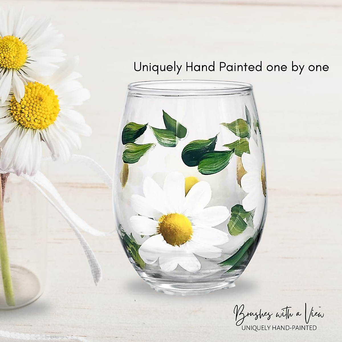 Hand Painted White Daisy Flower Stemless Wine Glass, Gift for her, Daisy Flower Wine Glass 15 oz