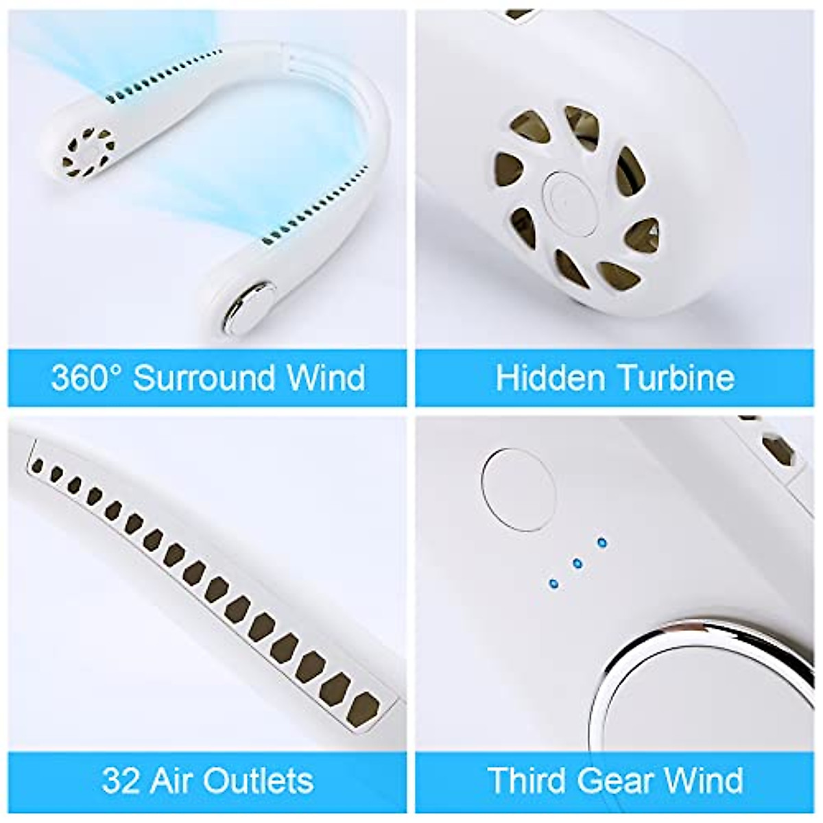 QUUREN Portable Neck Fan, 3 Speeds Handsfree Personal Fan Neck Cooler Personal Cooling Device 360° Neck Fan Bladeless USB Rechargeable Fan 32 Air Outlet Suitable for Traveling Sports Office (White)