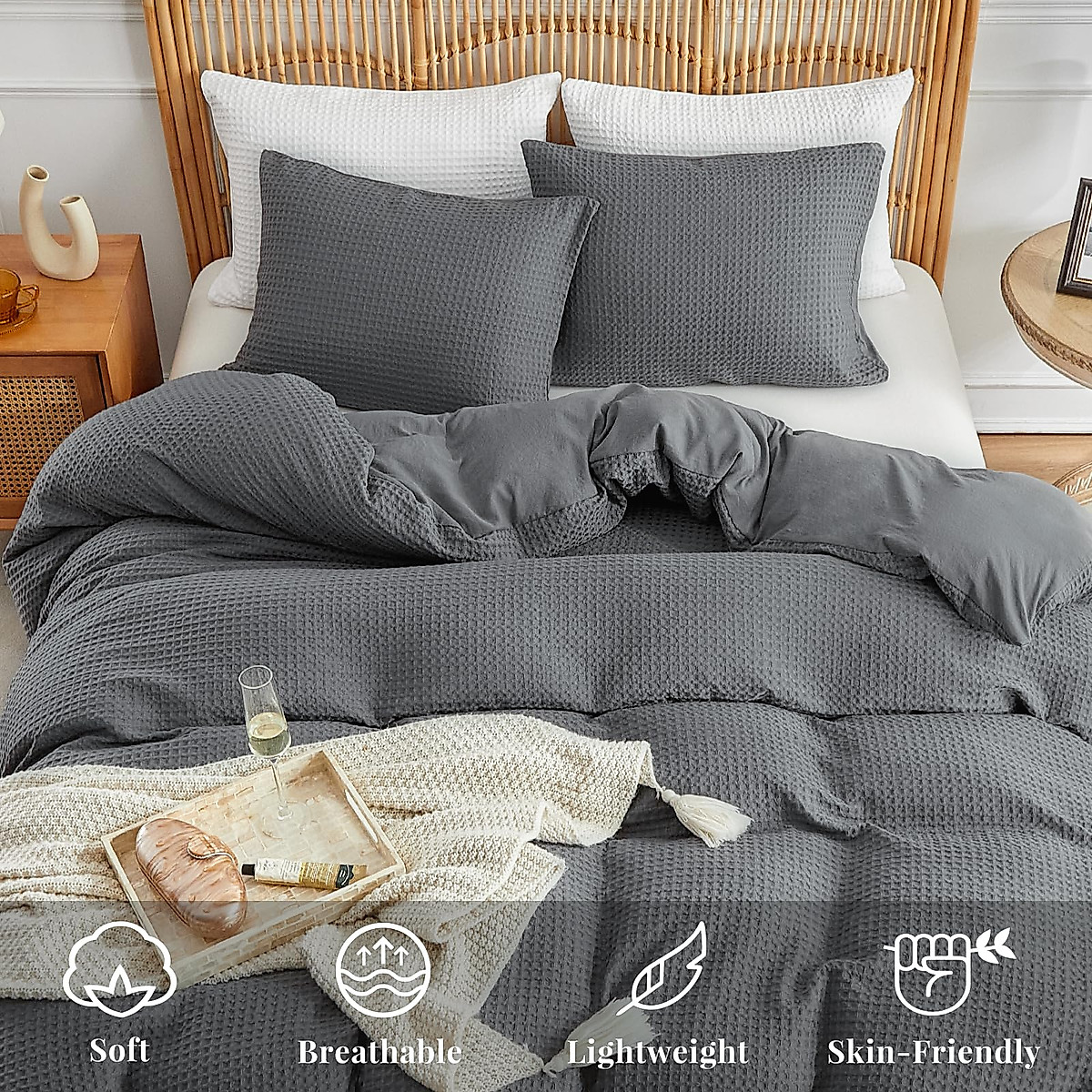 WARMDERN Waffle Weave Duvet Cover Queen Size, Grey Textured Duvet Cover Set, Soft and Breathable Comforter Cover, 3 Pieces Microfiber Bedding Set with Zipper for All Season(Grey,Queen)